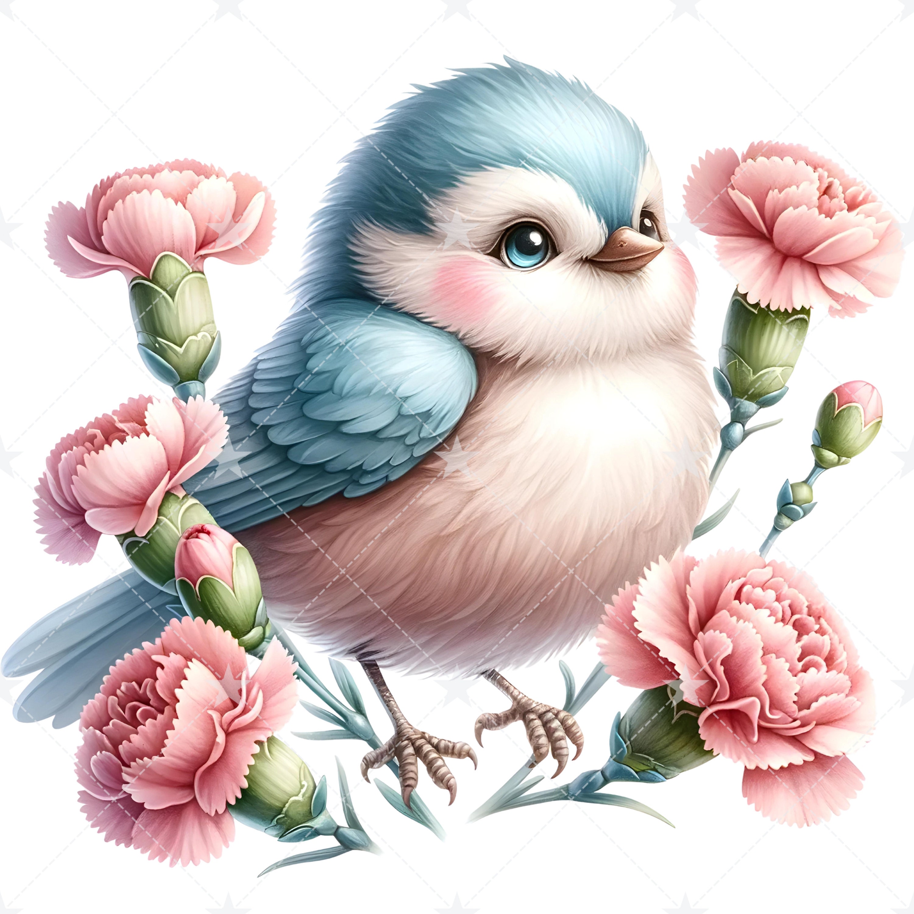 Watercolor Carnation Bird Clipart Set, Pink Floral Digital PNG, Bird ...