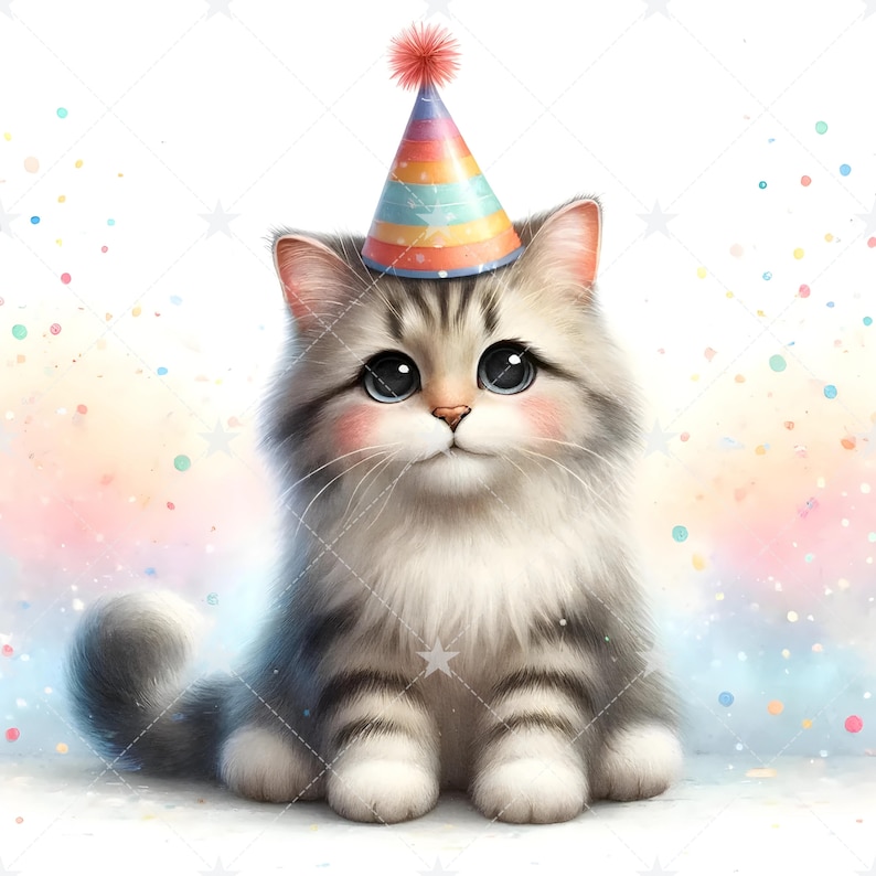 Watercolor Cat Birthday Clipart, Party Hat, Pastel Colors (digital ...