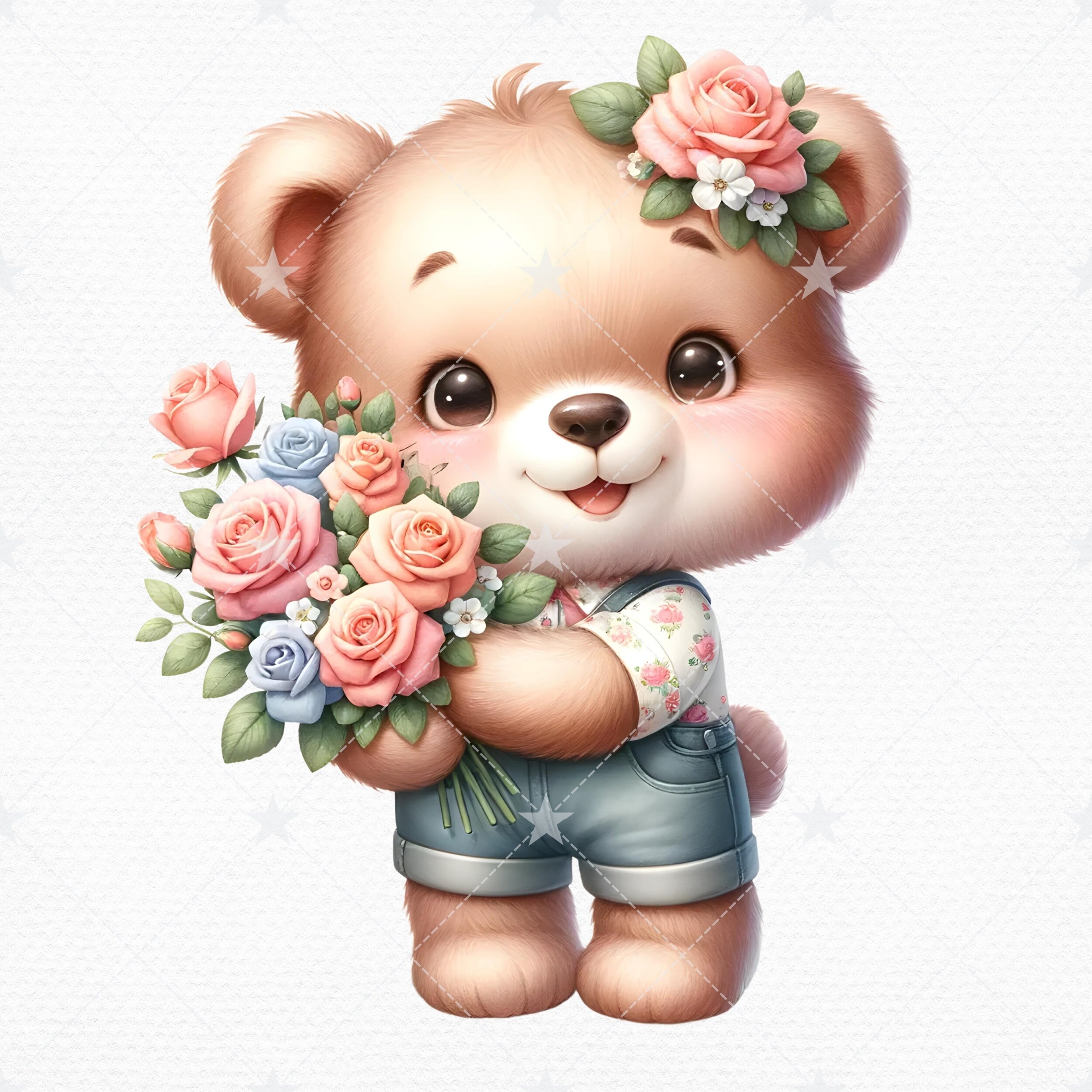 Watercolor Bear and Rose Flowers, Cute Bear Clipart, Floral Animal ...