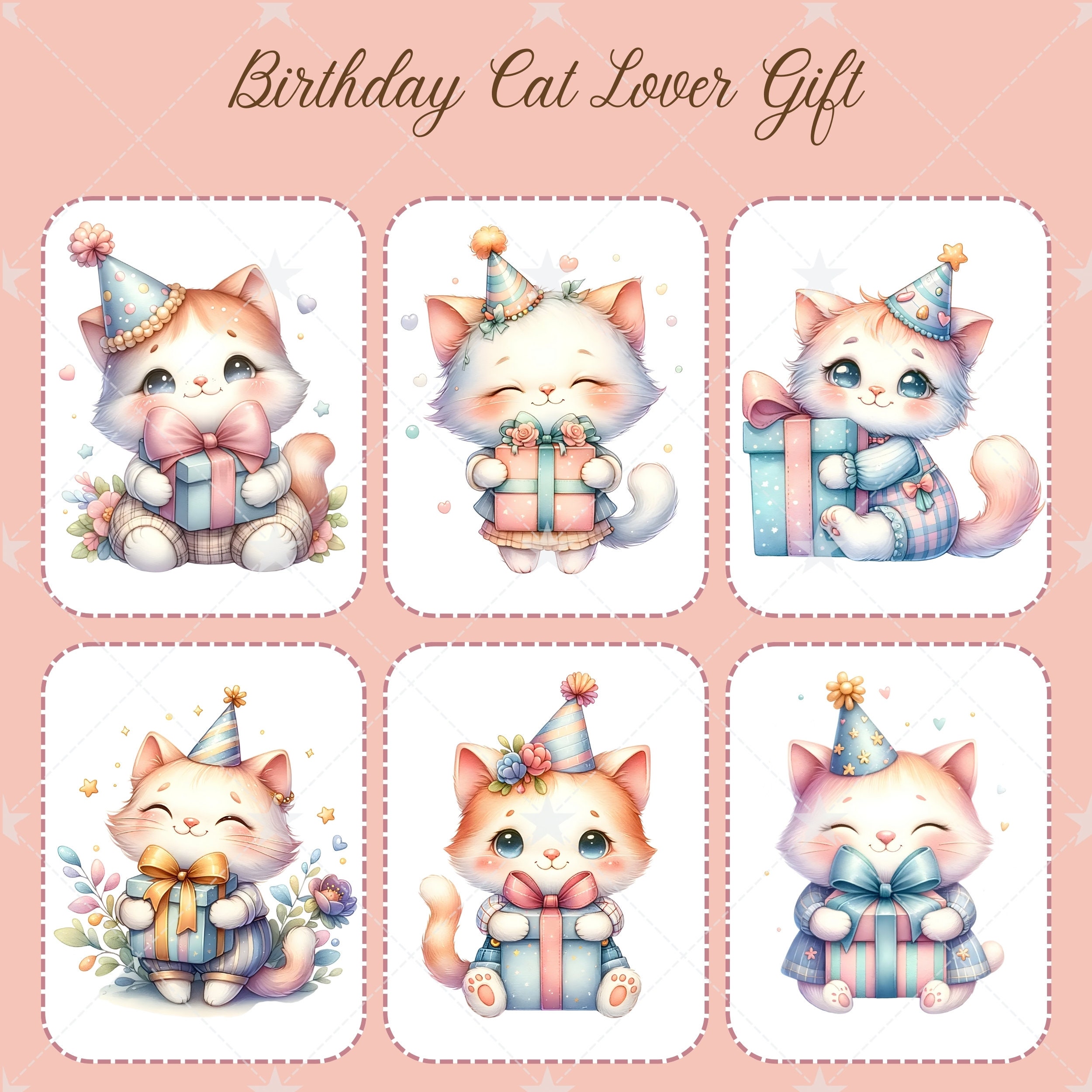 Birthday Cat Lover Gift Clipart, Cute Cat With Party Hat and Gift PNG ...