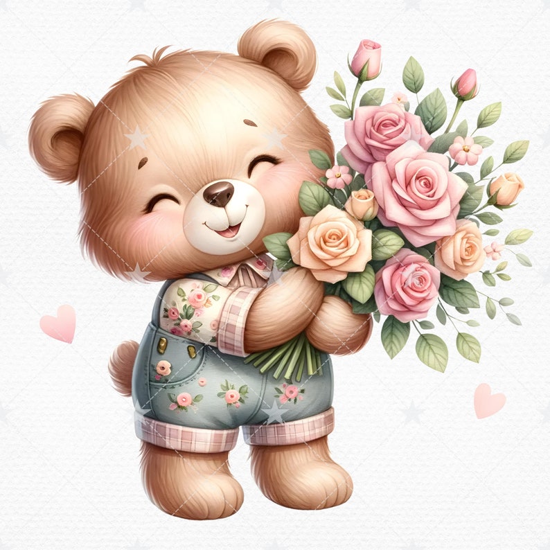 Watercolor Bear and Rose Flowers, Cute Bear Clipart, Floral Animal ...