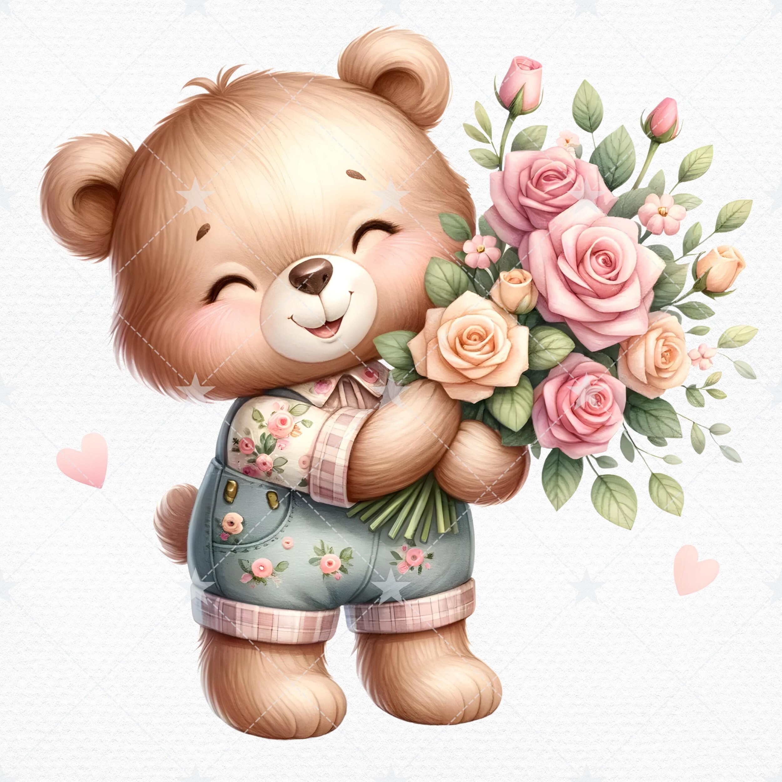 Watercolor Bear and Rose Flowers, Cute Bear Clipart, Floral Animal ...
