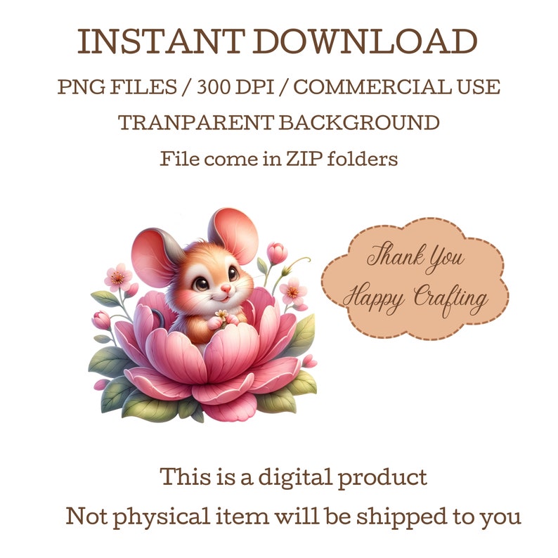 Mouse and Flower Set, Cute Digital Mouse Clipart, Floral Animal PNG ...