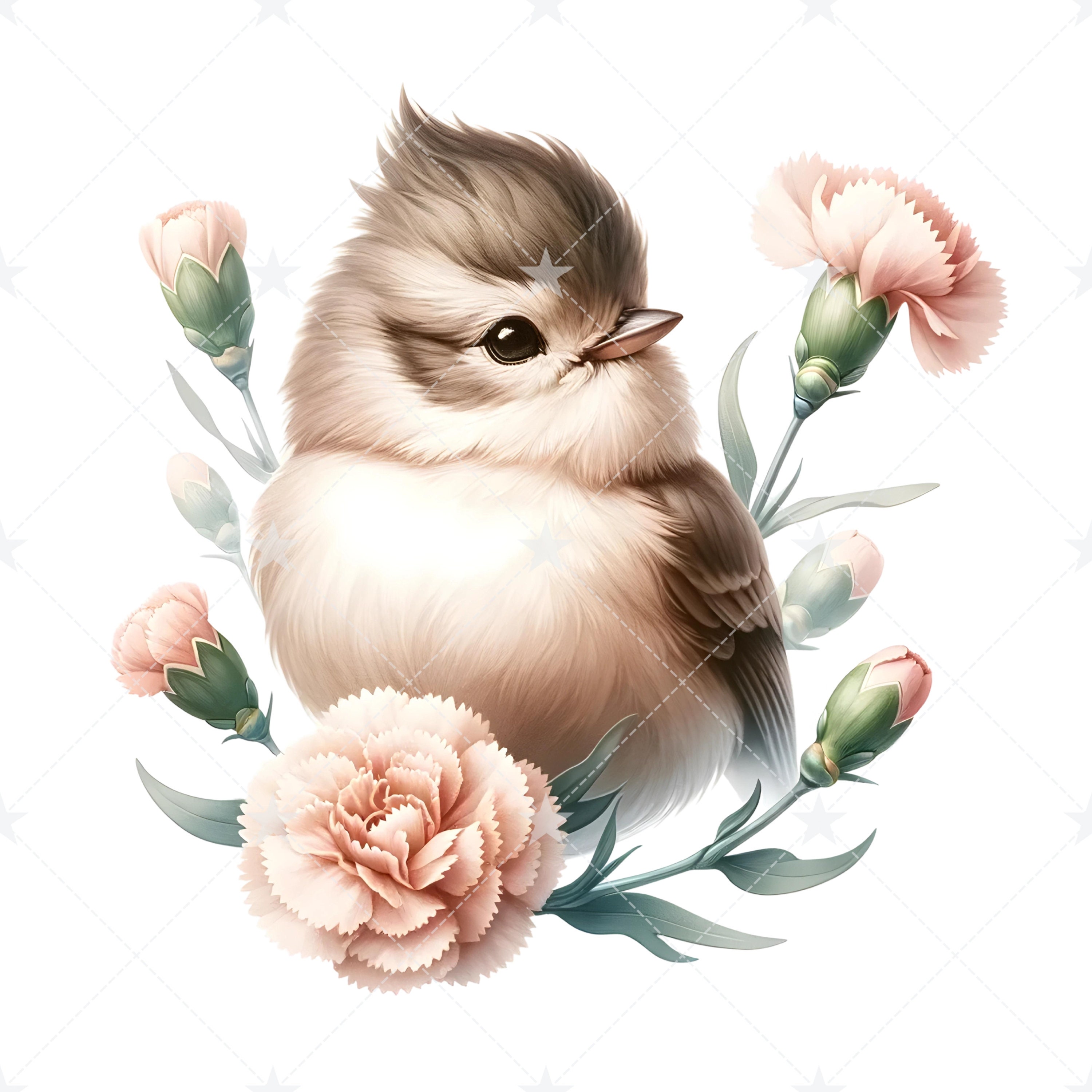 Watercolor Carnation Bird Clipart Set, Pink Floral Digital PNG, Bird ...