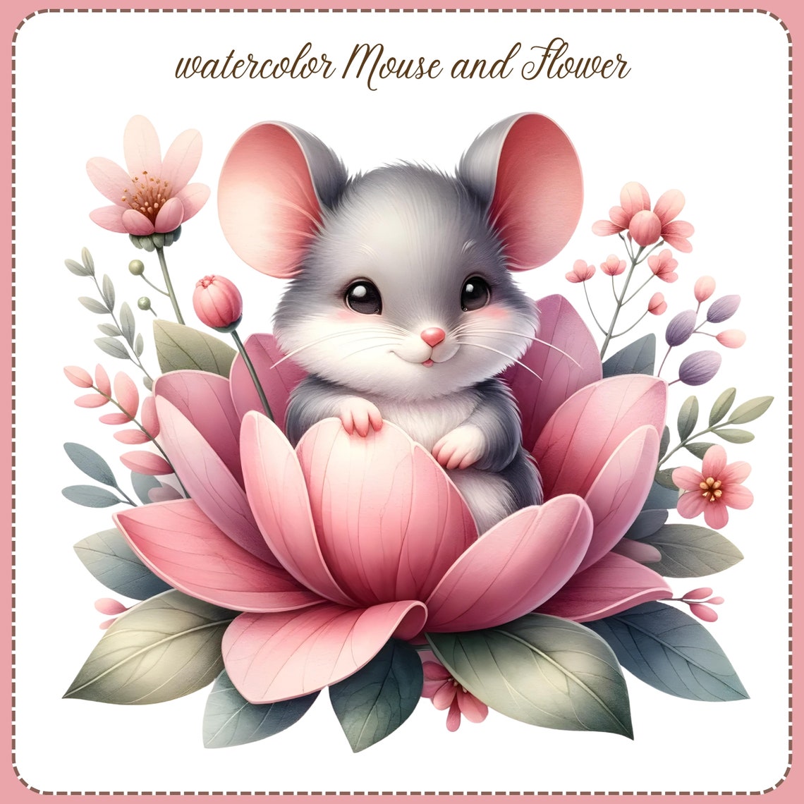 Mouse and Flower Set, Cute Digital Mouse Clipart, Floral Animal PNG ...