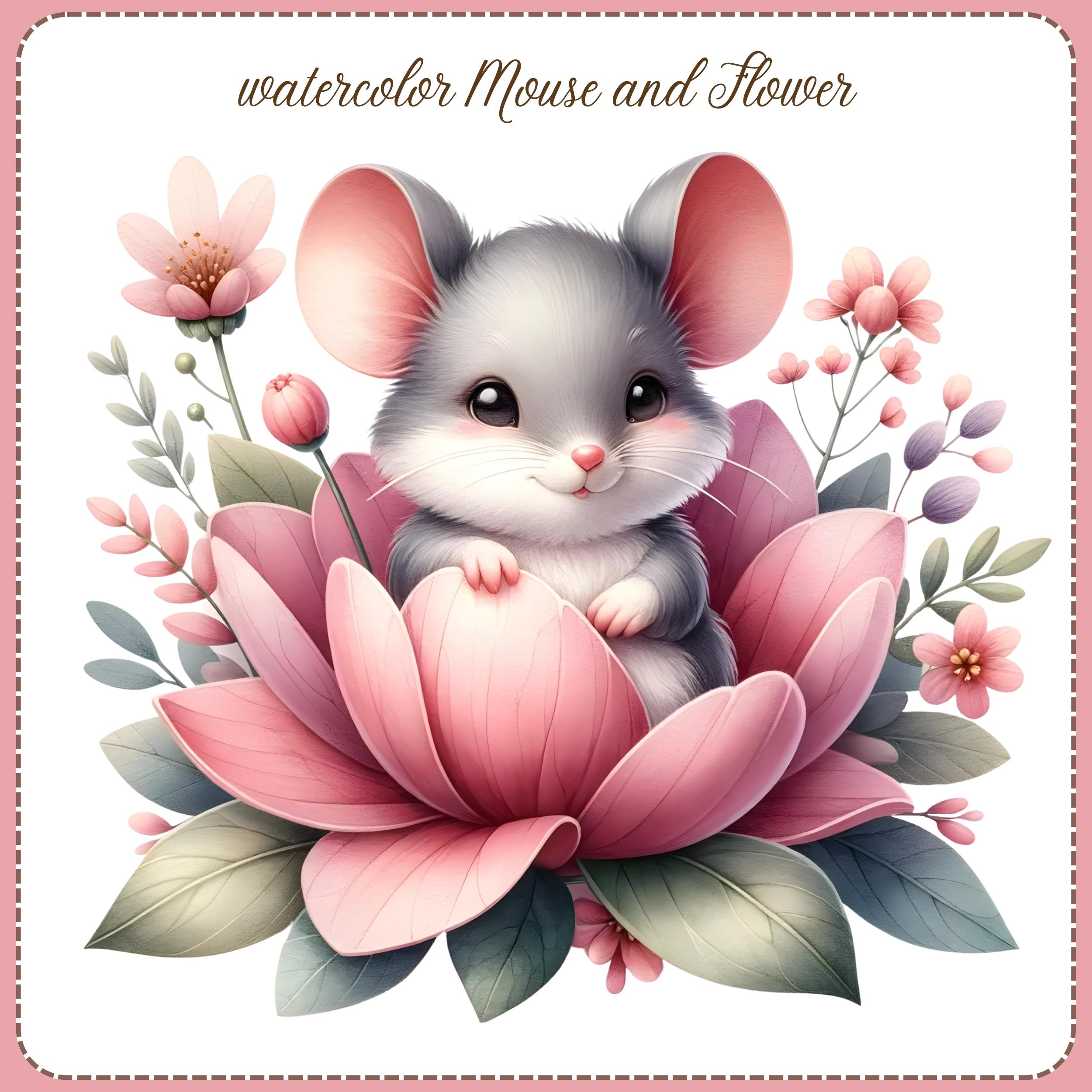 Mouse and Flower Set, Cute Digital Mouse Clipart, Floral Animal PNG ...