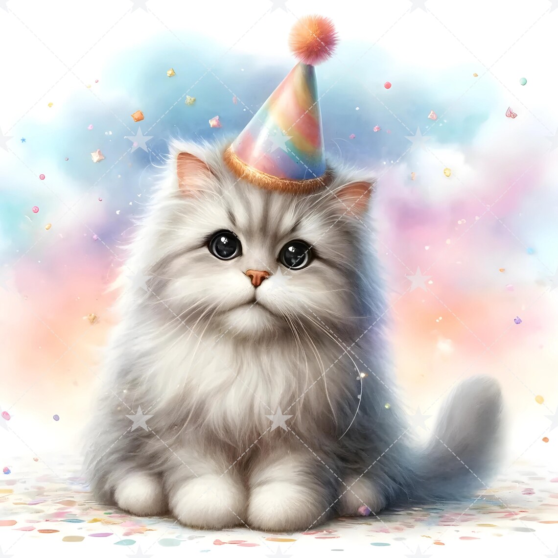 Watercolor Cat Birthday Clipart, Party Hat, Pastel Colors (digital ...