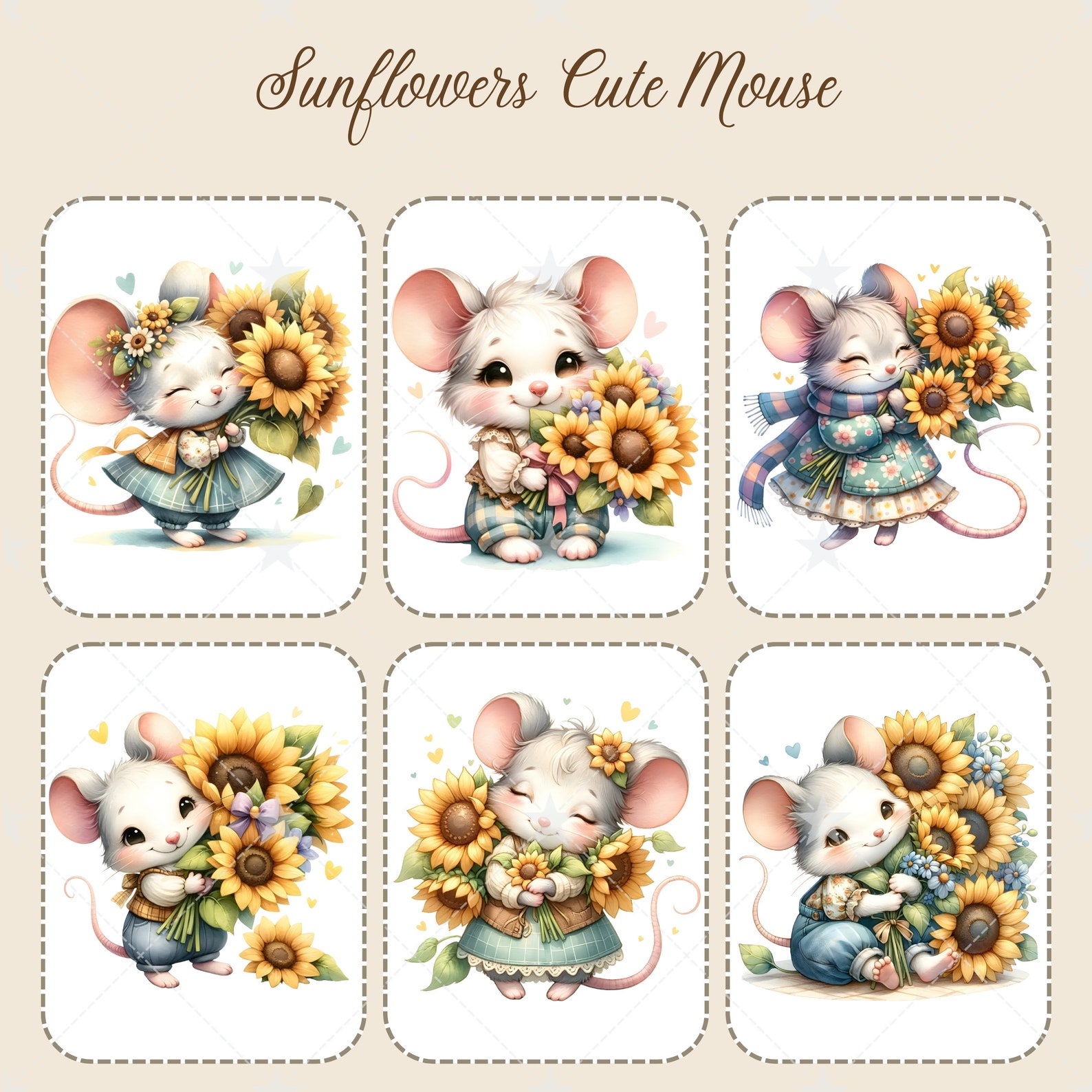 Watercolor Sunflower Mouse, Cute Mouse Clipart, Floral Animal Clipart ...