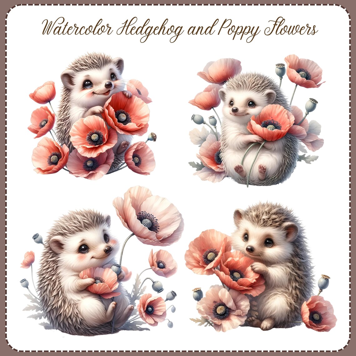 Hedgehog and Flowers Clipart, Cute Hedgehog Set, Poppy Flowers, Floral ...