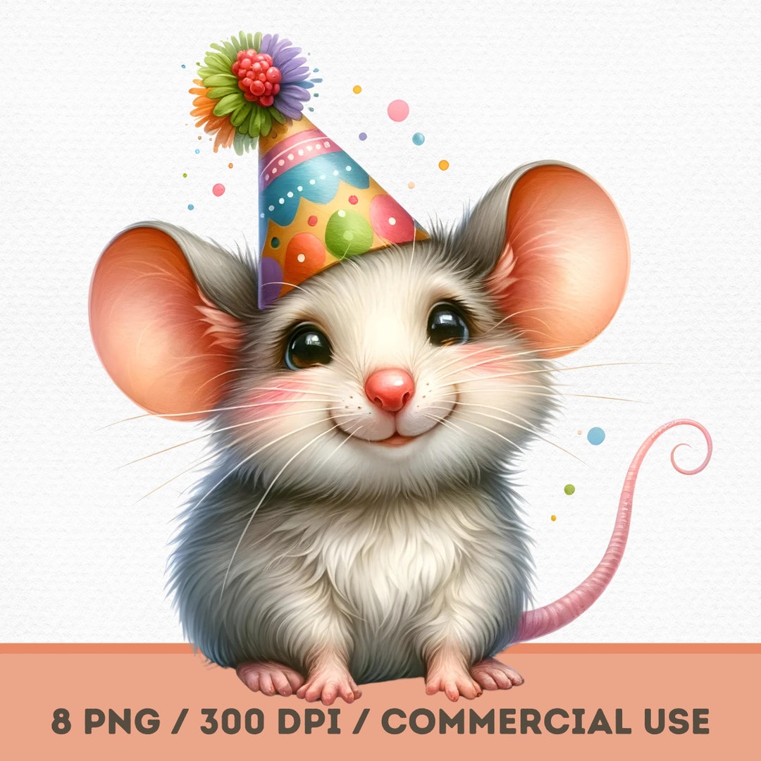 Watercolor Mouse Clipart: Happy Birthday Party Hat (digital Download ...
