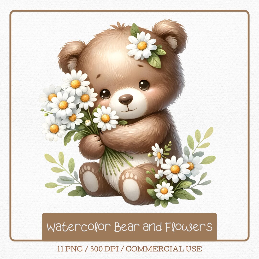 Watercolor Bear and Daisy Flowers, Cute Bear Clipart, Floral Animal ...