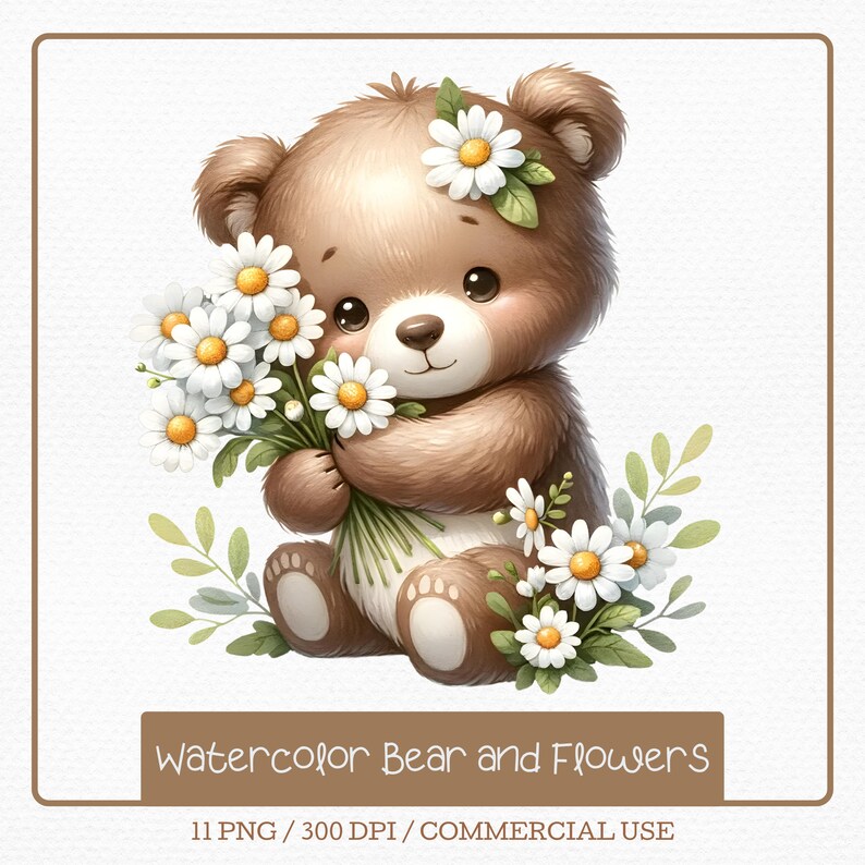 Watercolor Bear and Daisy Flowers, Cute Bear Clipart, Floral Animal ...