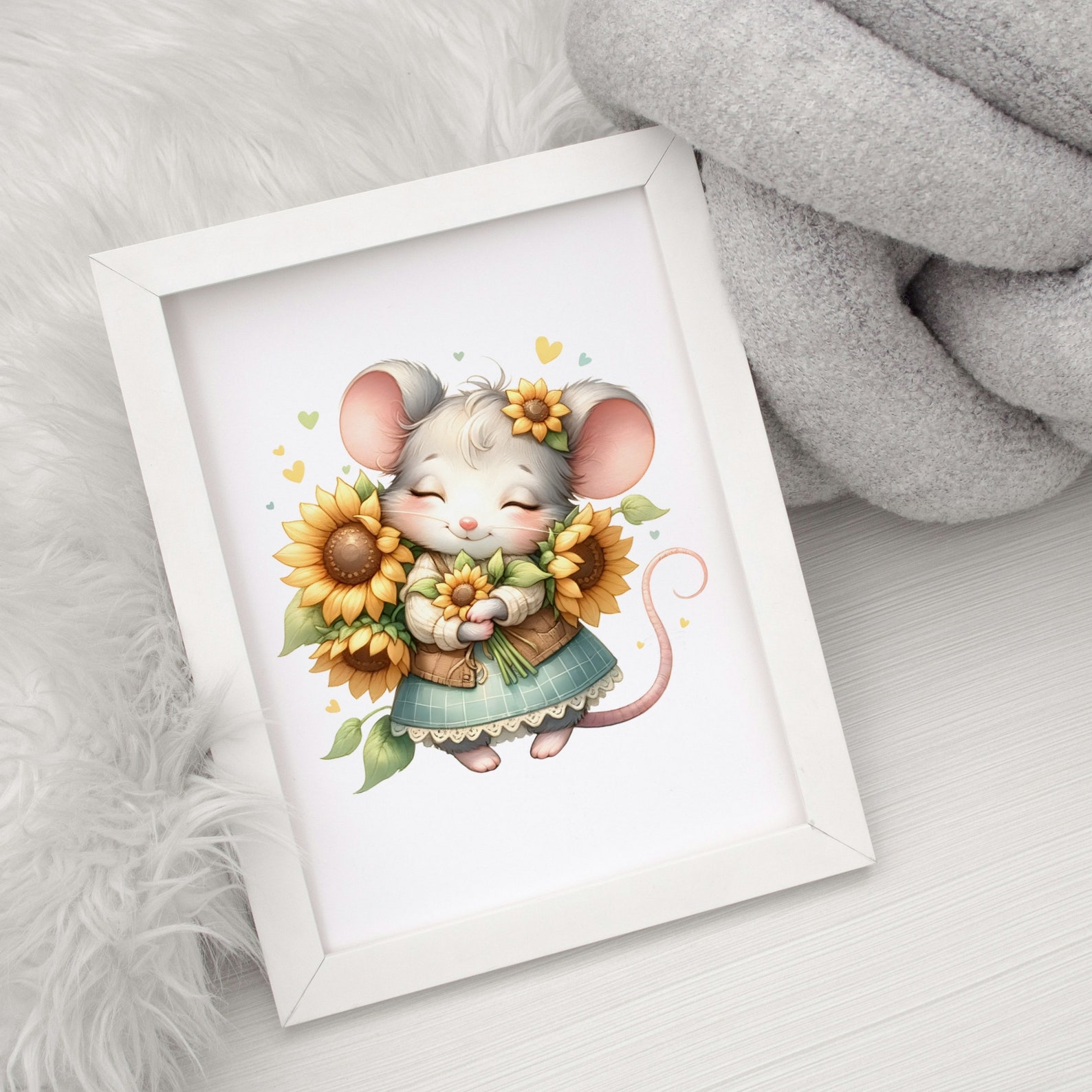 Watercolor Sunflower Mouse, Cute Mouse Clipart, Floral Animal Clipart ...