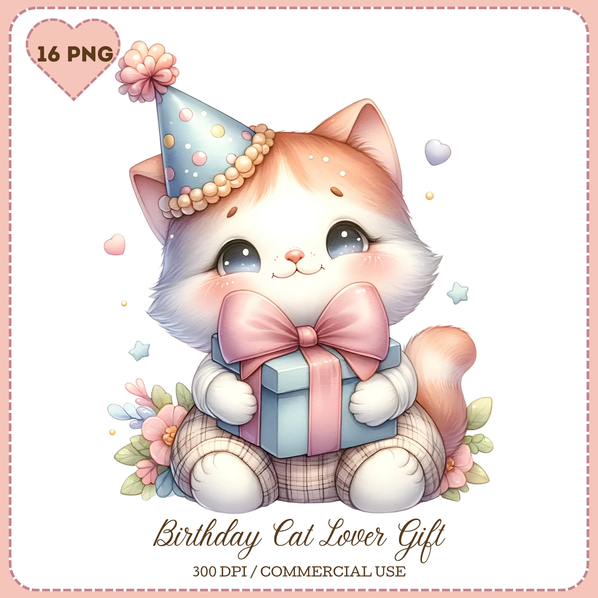 Birthday Cat Lover Gift Clipart, Cute Cat With Party Hat and Gift PNG ...
