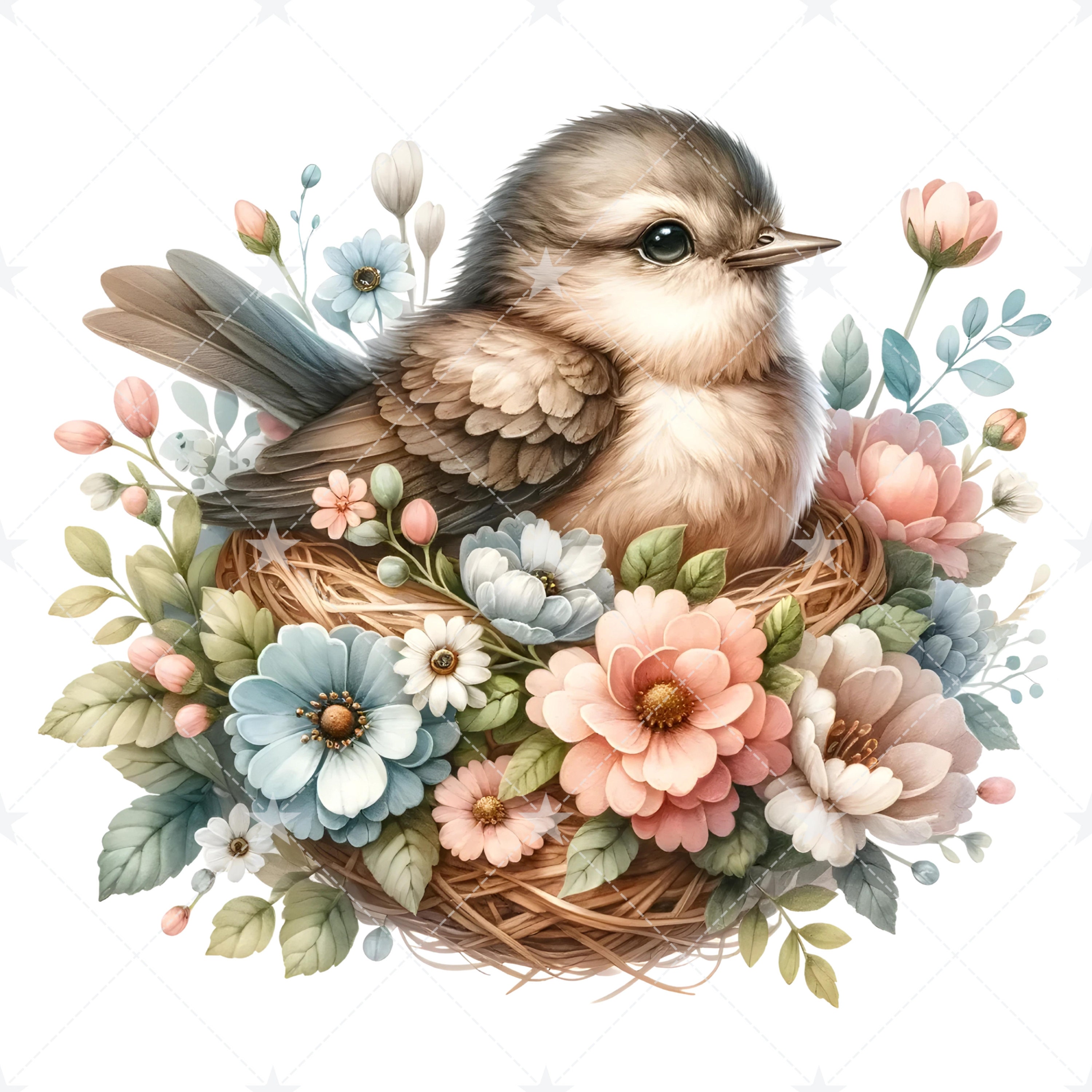 Charming Garden Bird in Floral Nest, Cute Bird Clipart, Watercolor Bird ...