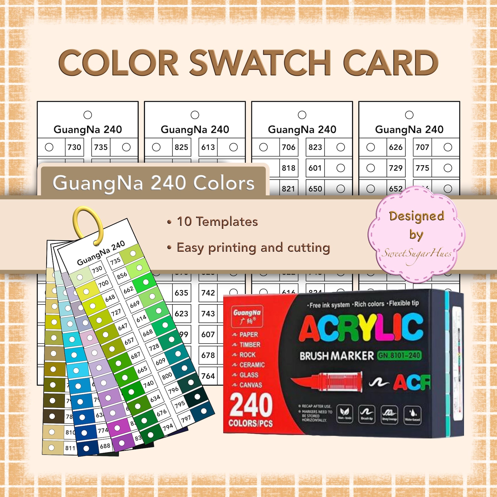 Guangna 240 Colors Acrylic Brush Marker Swatch Card Template ...