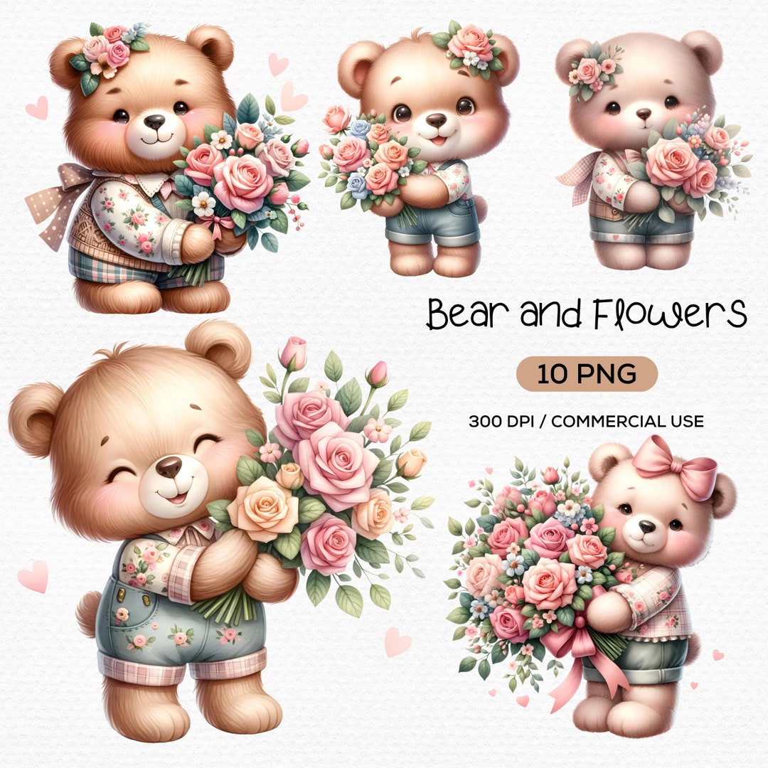 Watercolor Bear and Rose Flowers, Cute Bear Clipart, Floral Animal ...