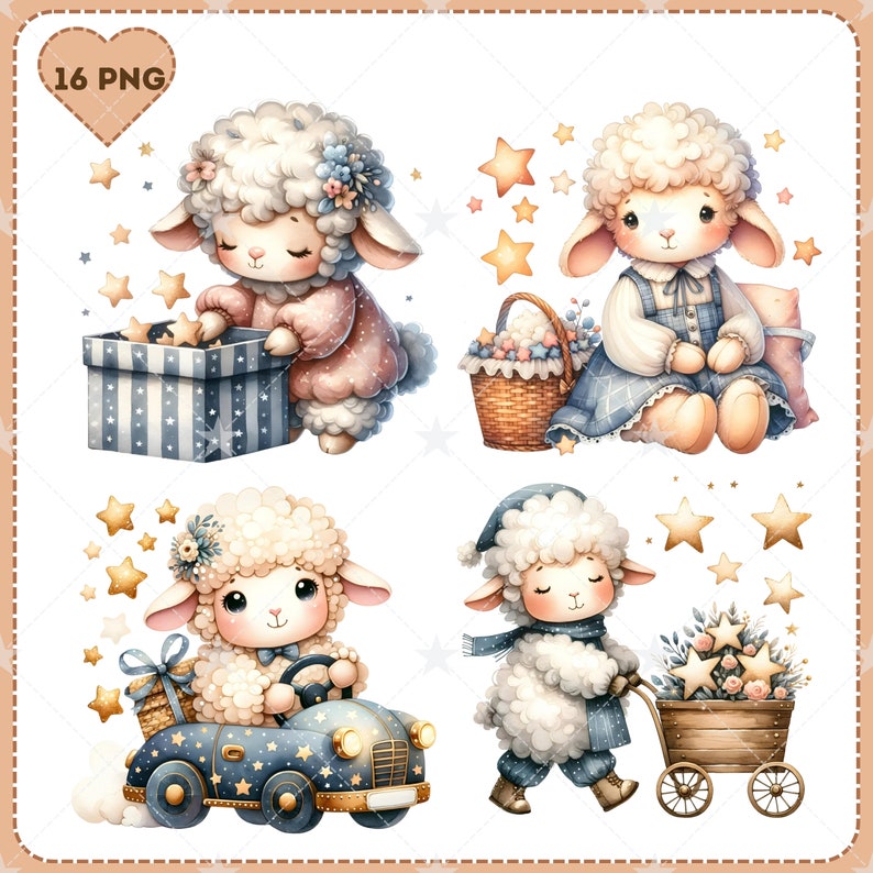 Cute Sheep Clipart, Sheep PNG, Sheep and Stars Collection, Watercolor ...