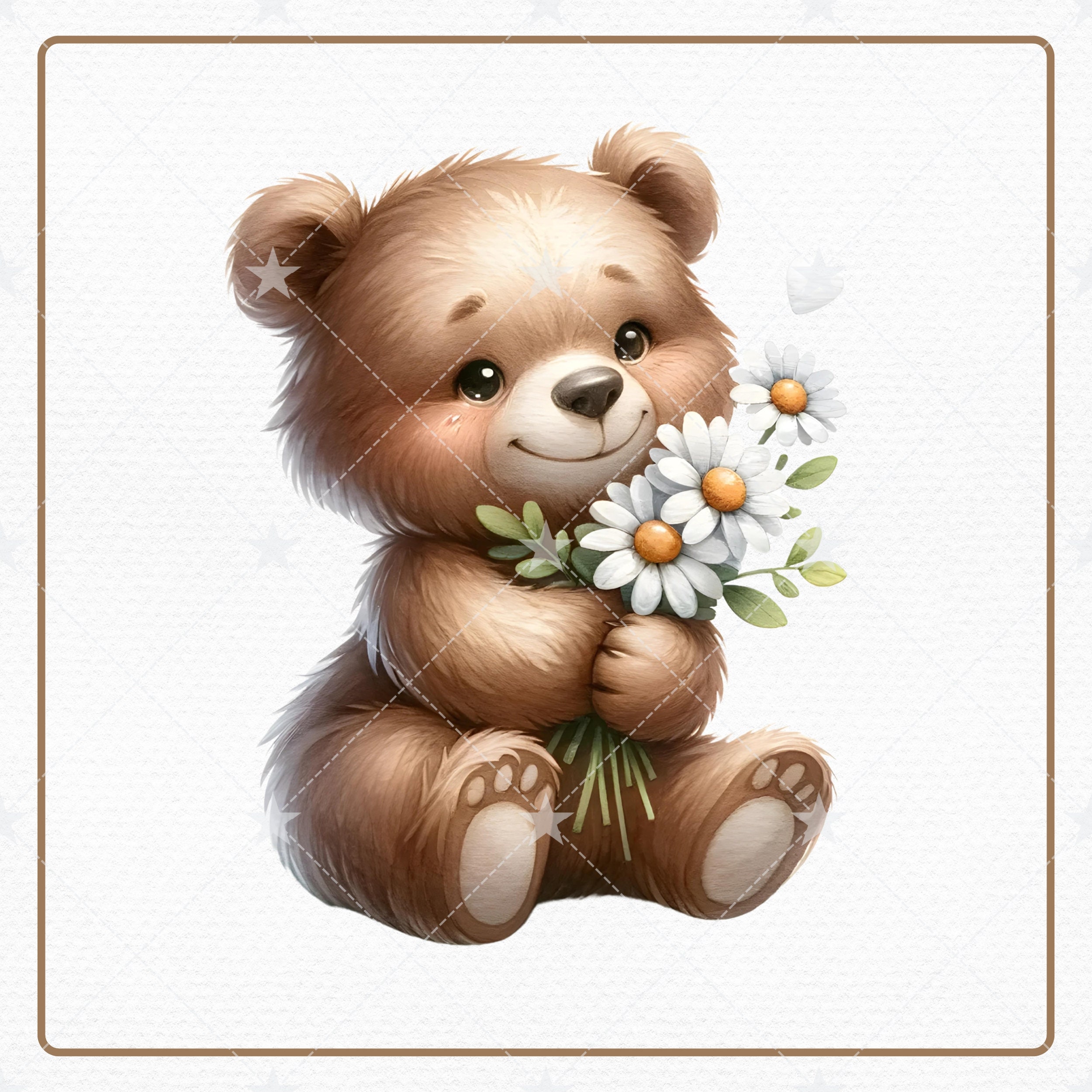 Watercolor Bear and Daisy Flowers, Cute Bear Clipart, Floral Animal ...