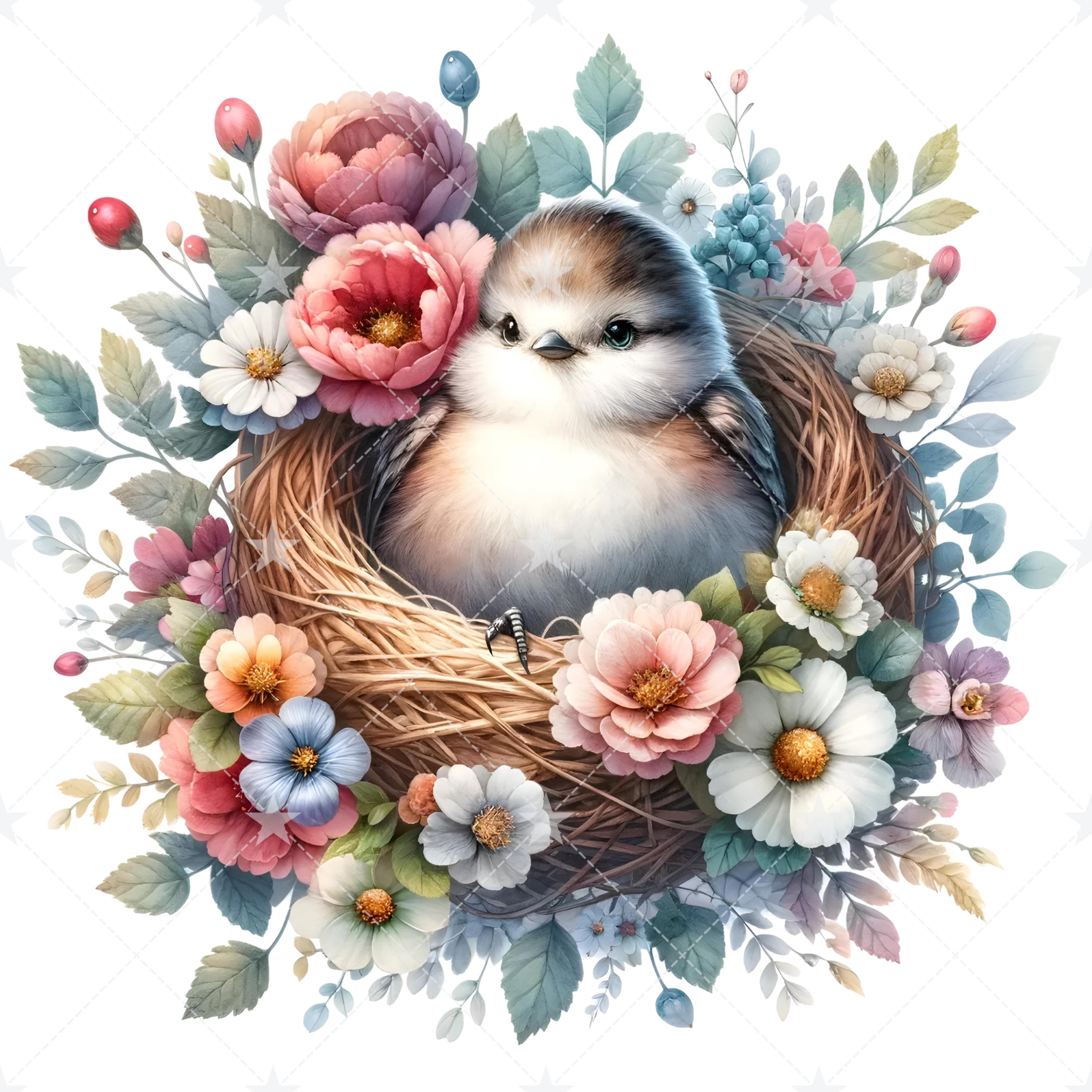 Charming Garden Bird in Floral Nest, Cute Bird Clipart, Watercolor Bird ...