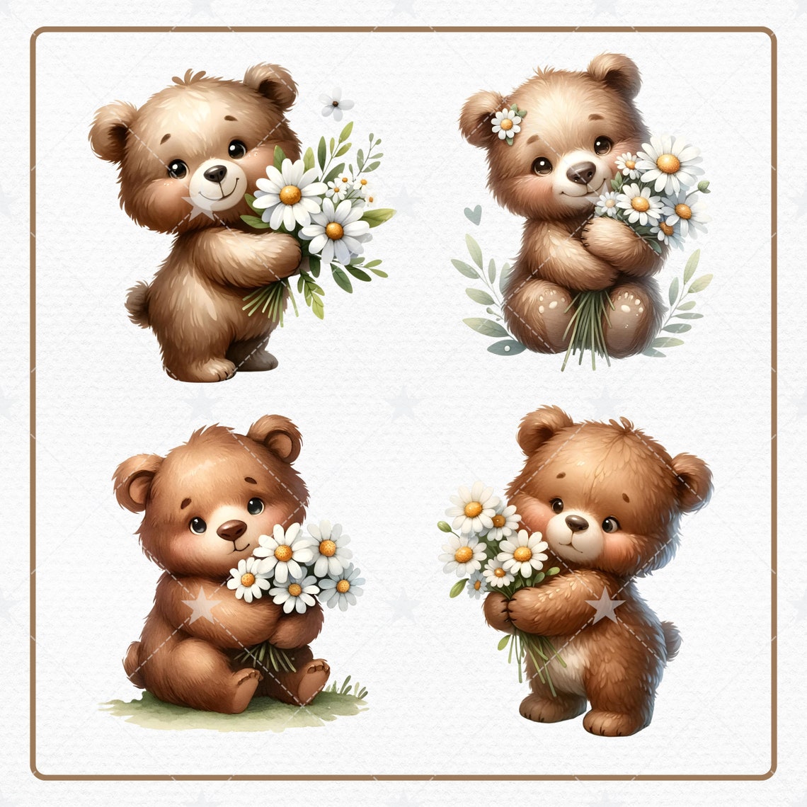 Watercolor Bear and Daisy Flowers, Cute Bear Clipart, Floral Animal ...
