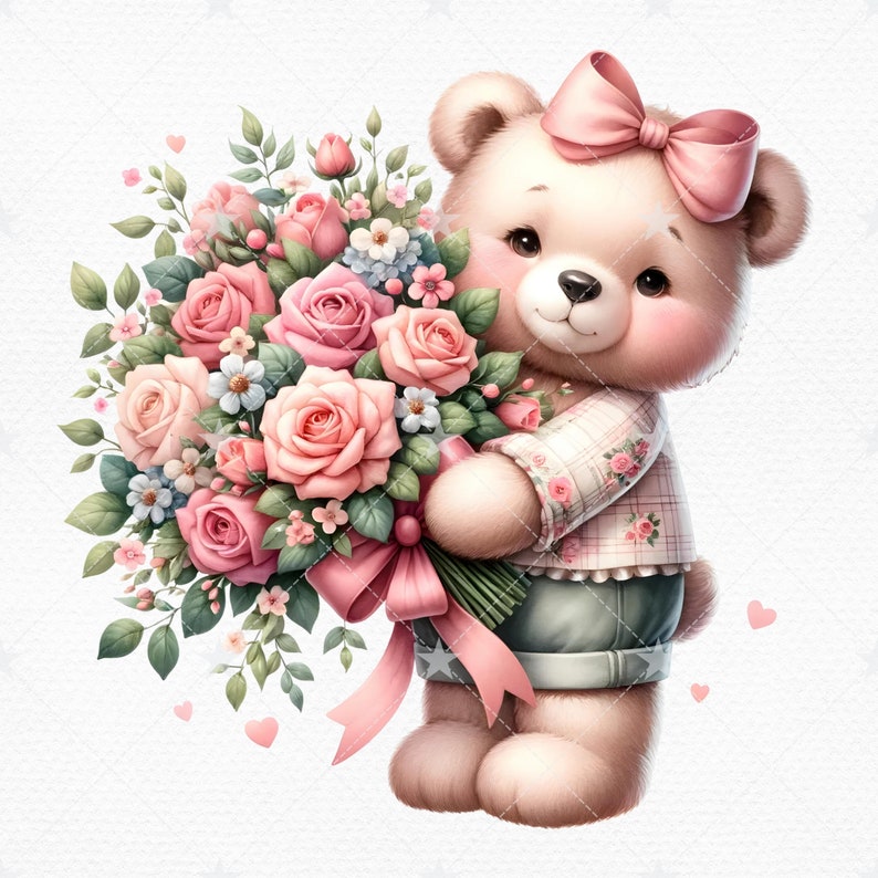 Watercolor Bear and Rose Flowers, Cute Bear Clipart, Floral Animal ...