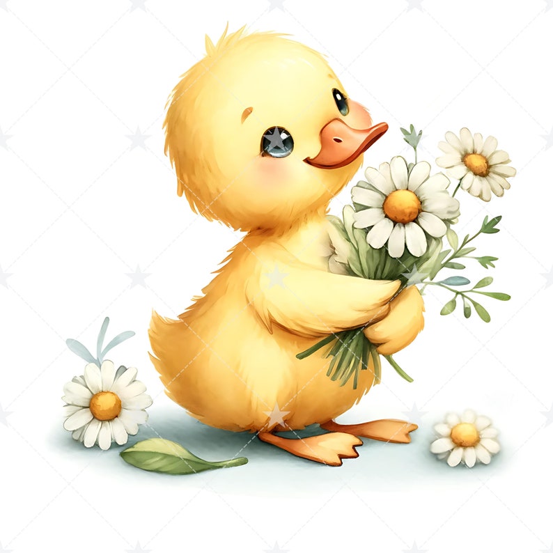Watercolor Duck Clipart: Daisy Bouquet, Floral Animal (digital Download ...