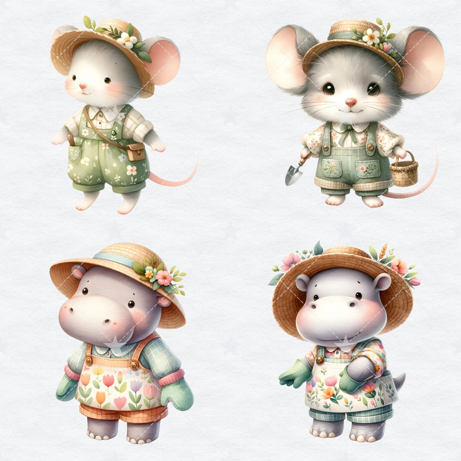 Watercolor Spring Garden Cute Animals Clipart, Bear Cat Mouse Panda ...