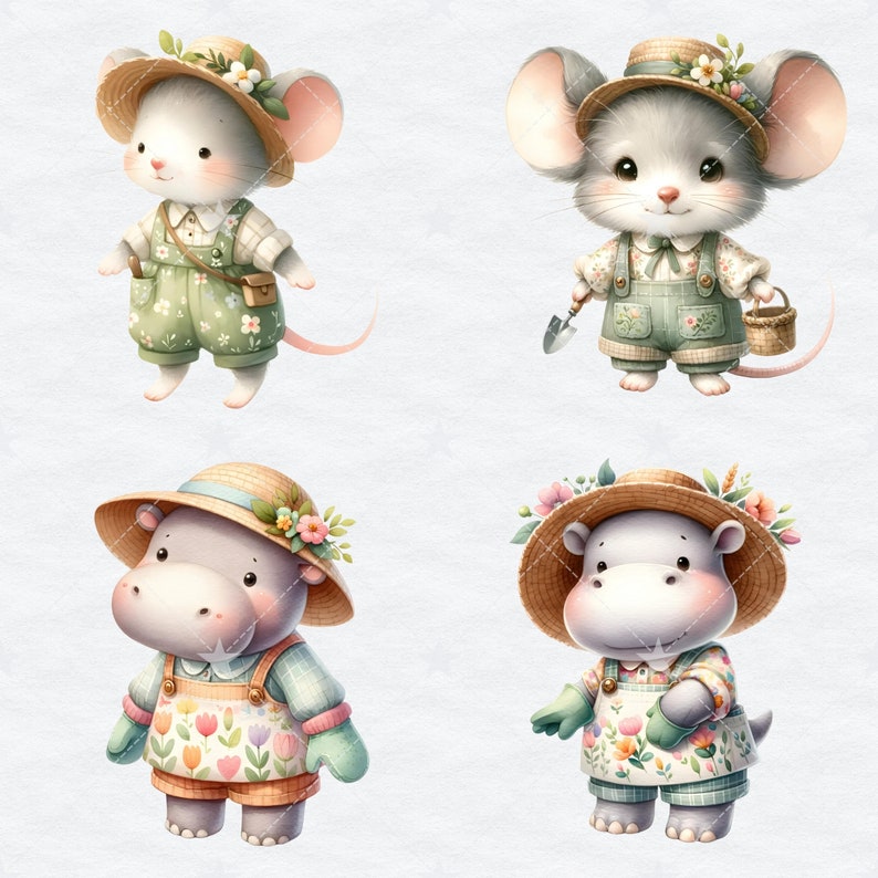 Watercolor Spring Garden Cute Animals Clipart, Bear Cat Mouse Panda ...