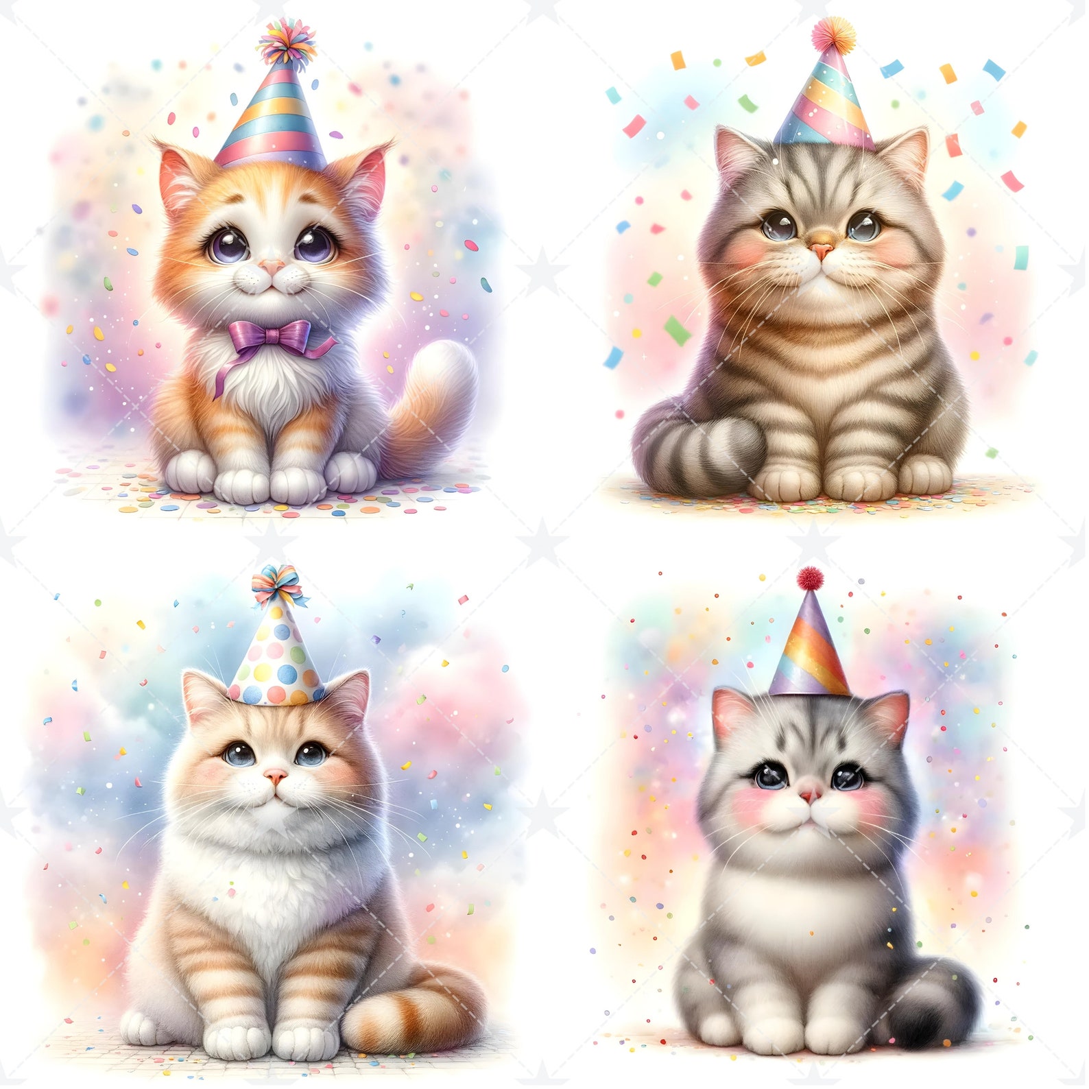 Watercolor Cat Birthday Clipart, Party Hat, Pastel Colors (digital ...