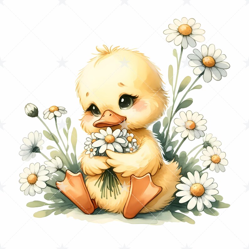 Watercolor Duck and Daisy Flowers, Cute Duck Clipart, Floral Animal ...