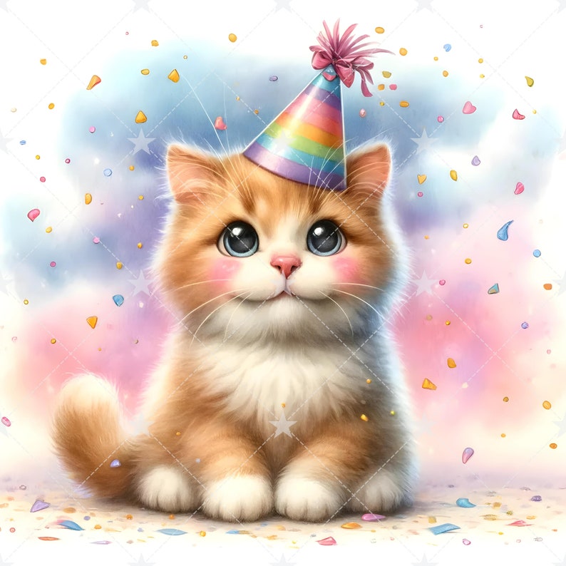 Watercolor Cat Birthday Clipart, Party Hat, Pastel Colors (digital ...