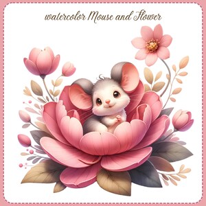 Mouse and Flower Set, Cute Digital Mouse Clipart, Floral Animal PNG ...