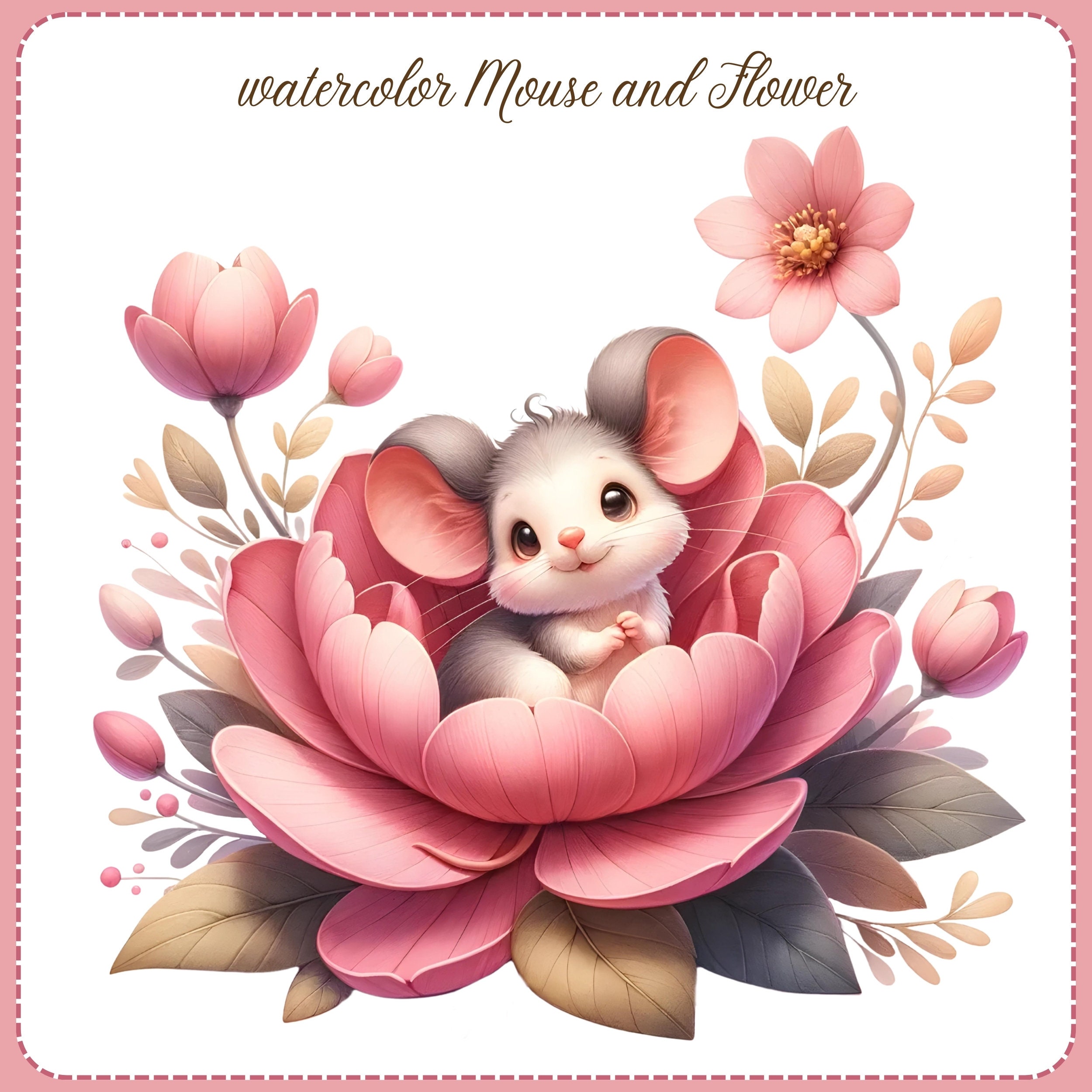 Mouse and Flower Set, Cute Digital Mouse Clipart, Floral Animal PNG ...