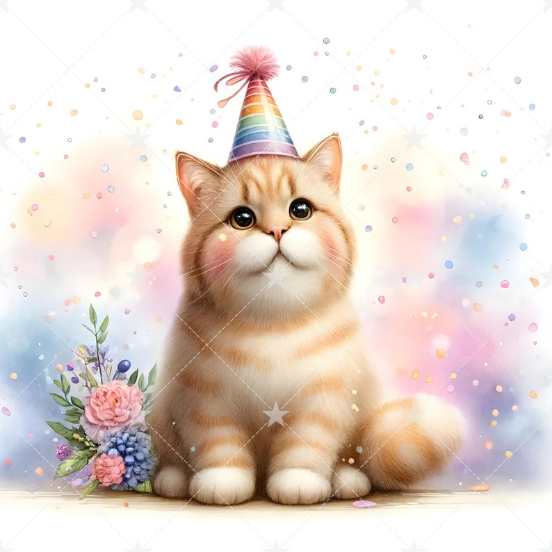 Watercolor Cat Birthday Clipart, Party Hat, Pastel Colors (digital ...