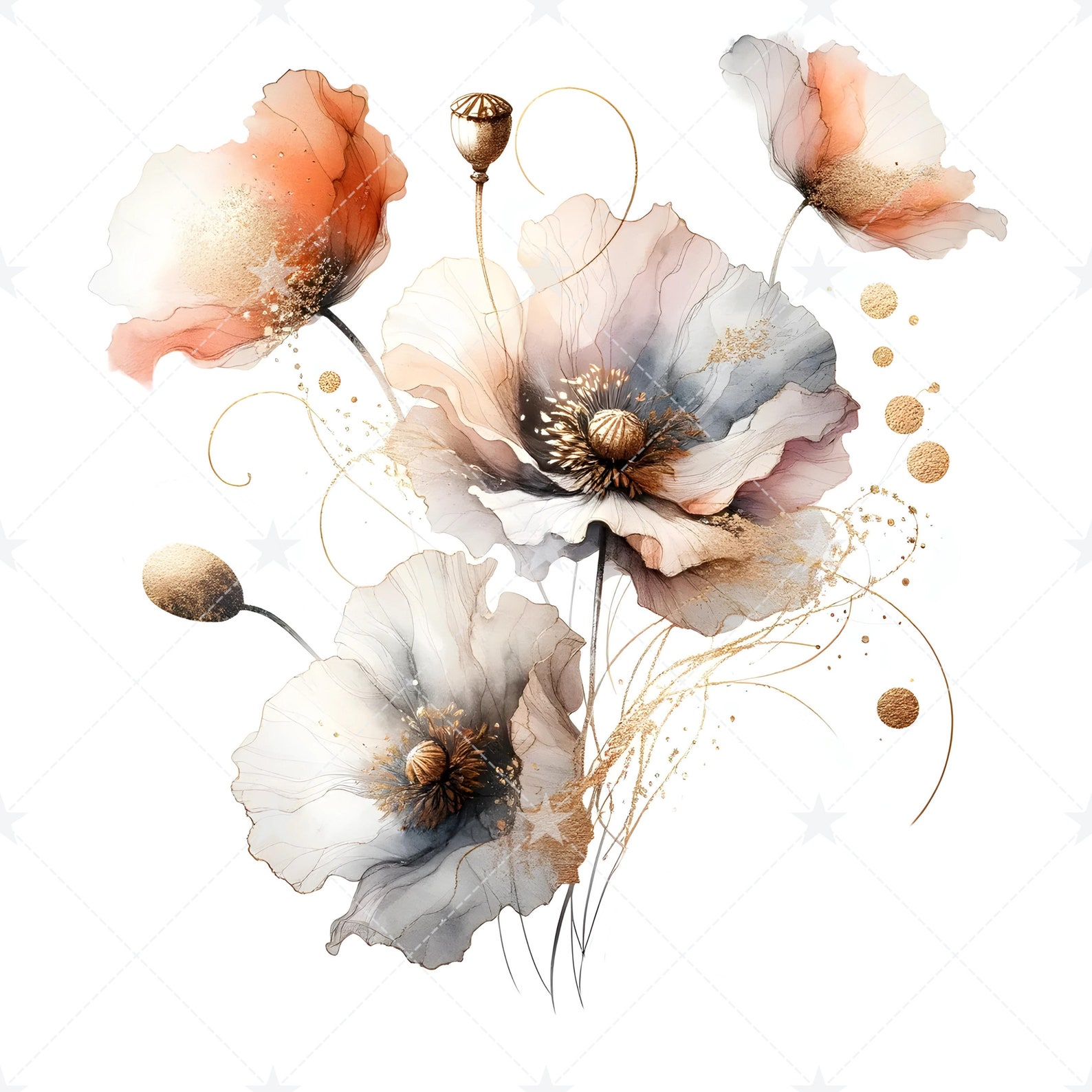 Abstract Poppy Flowers Clipart, Watercolor Flower Set, Jpgs, Floral ...