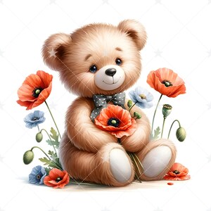 Watercolor Bear and Poppy Flowers Clipart, Cute Bear With Flower ...