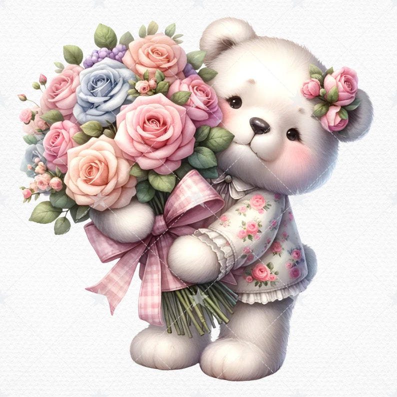 Watercolor Bear and Rose Flowers, Cute Bear Clipart, Floral Animal ...