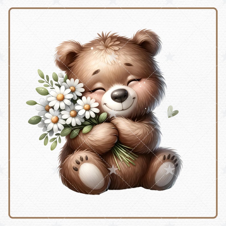 Watercolor Bear and Daisy Flowers, Cute Bear Clipart, Floral Animal ...