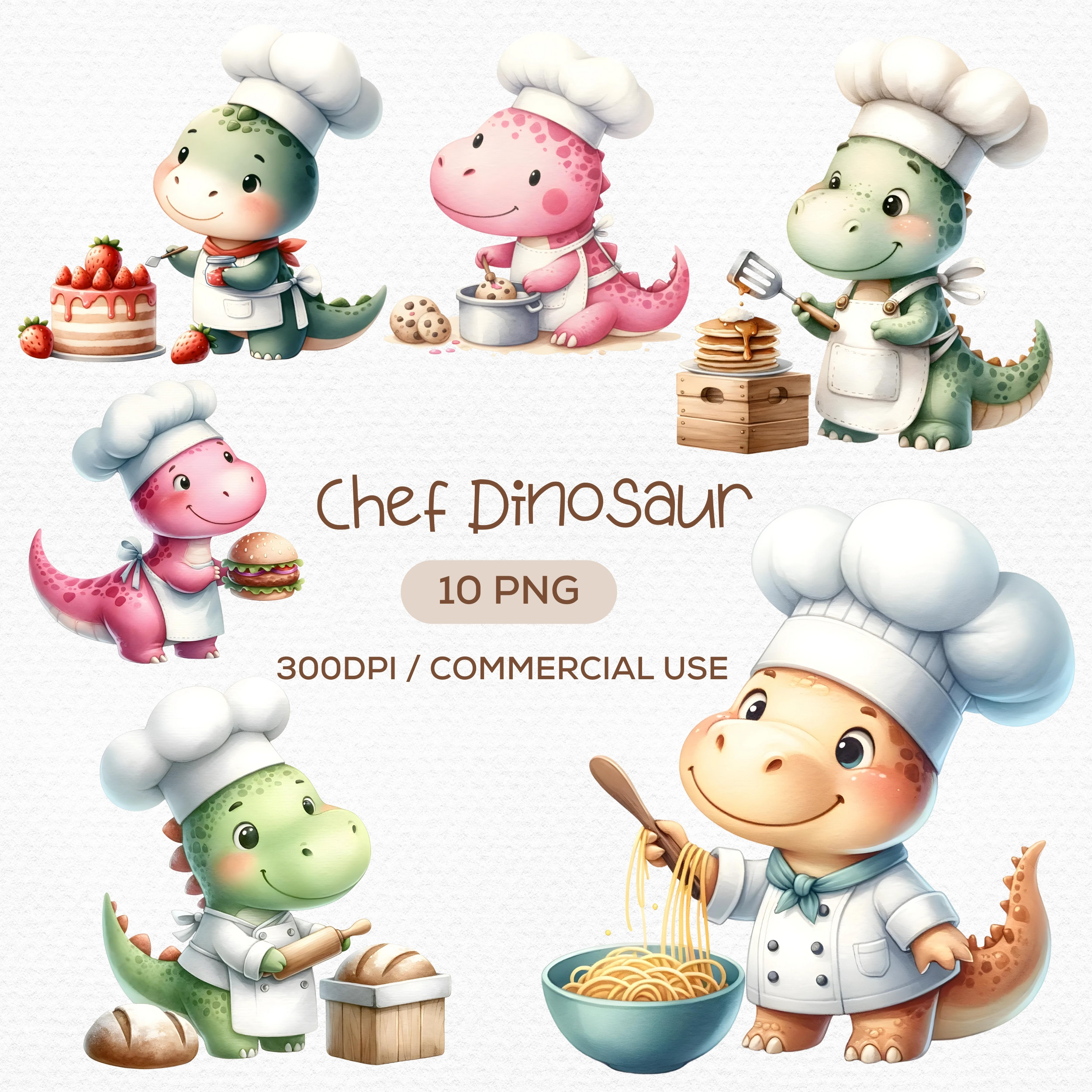 Watercolor Chef Dinosaur Clipart, Dinosaur Cooking, Cute Dinosaur ...