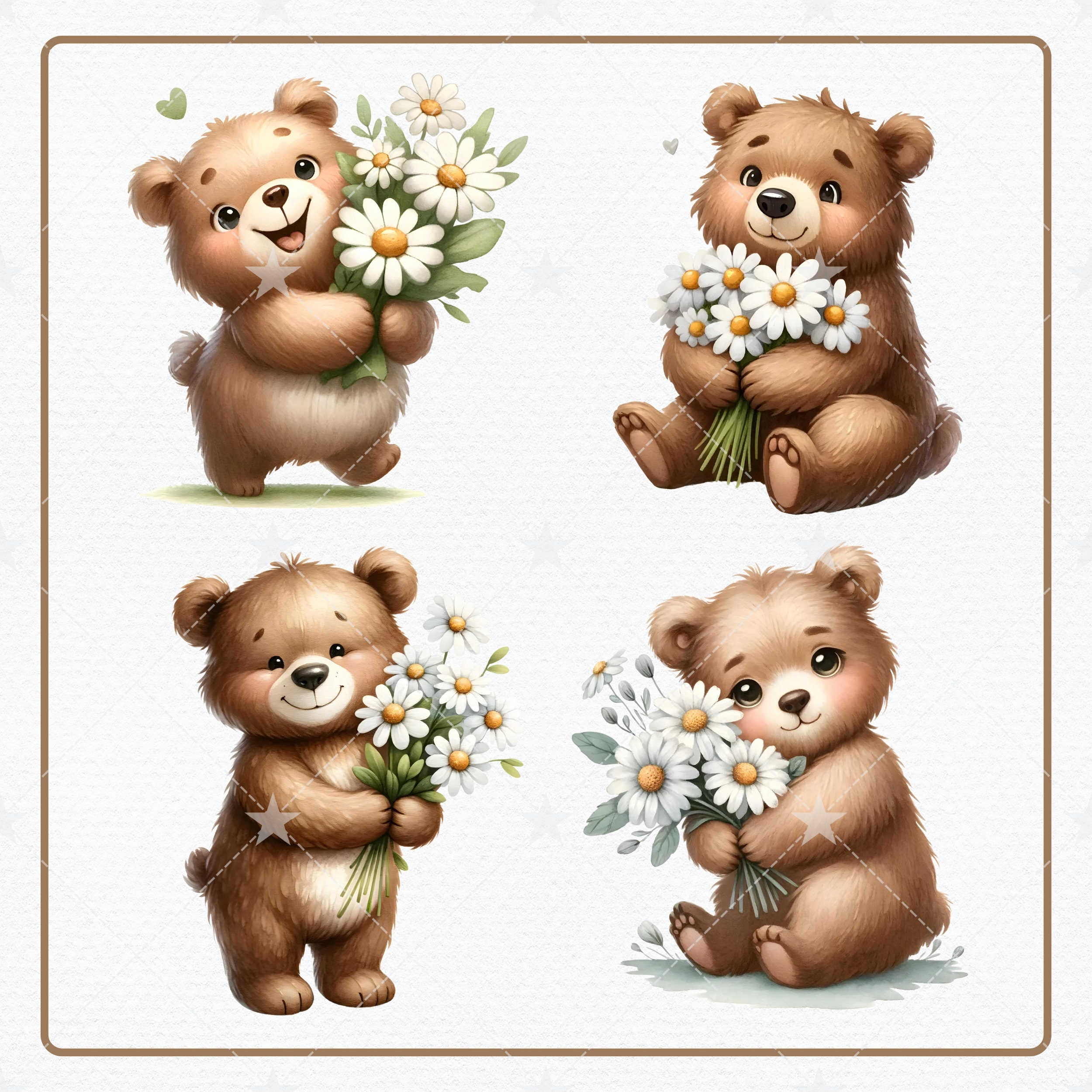 Watercolor Bear and Daisy Flowers, Cute Bear Clipart, Floral Animal ...