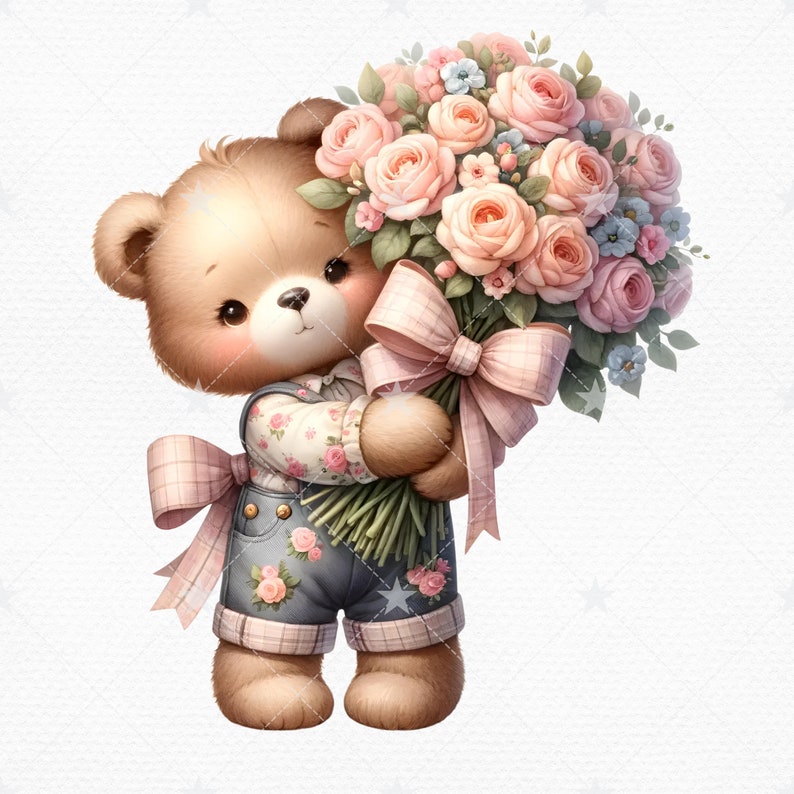 Watercolor Bear and Rose Flowers, Cute Bear Clipart, Floral Animal ...