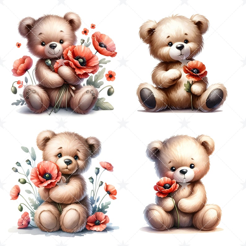 Watercolor Bear and Poppy Flowers Clipart, Cute Bear With Flower ...
