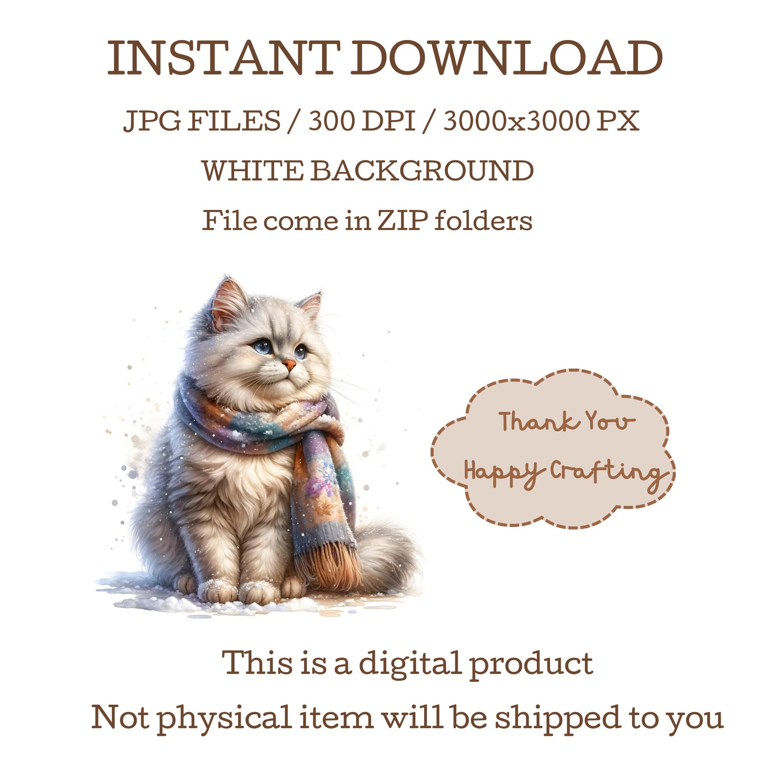 Watercolor Winter Cat Clipart, Cute Cat With Scarf and Snow, Christmas ...