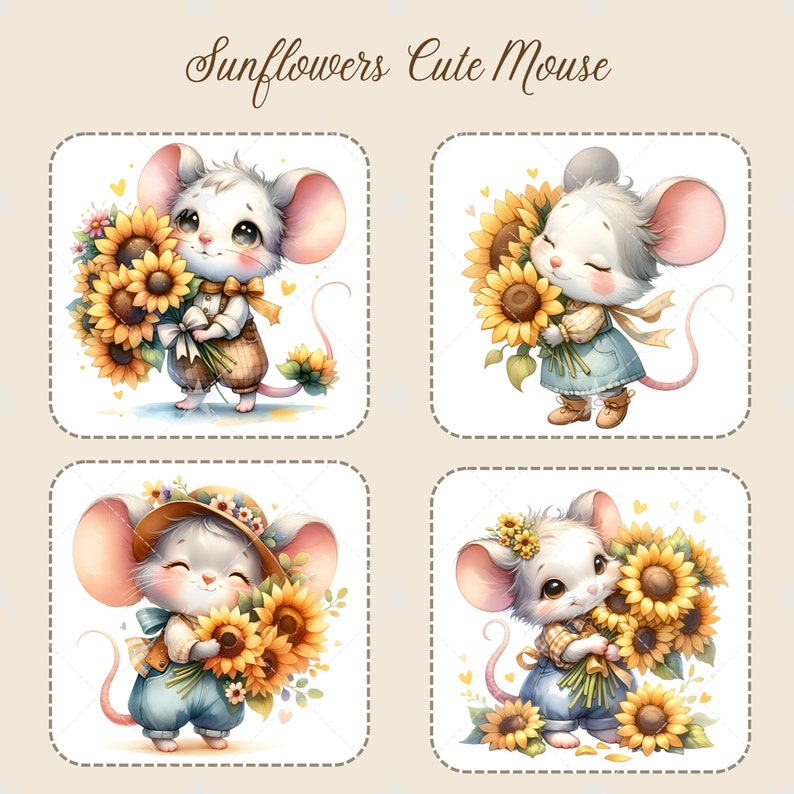 Watercolor Sunflower Mouse, Cute Mouse Clipart, Floral Animal Clipart ...