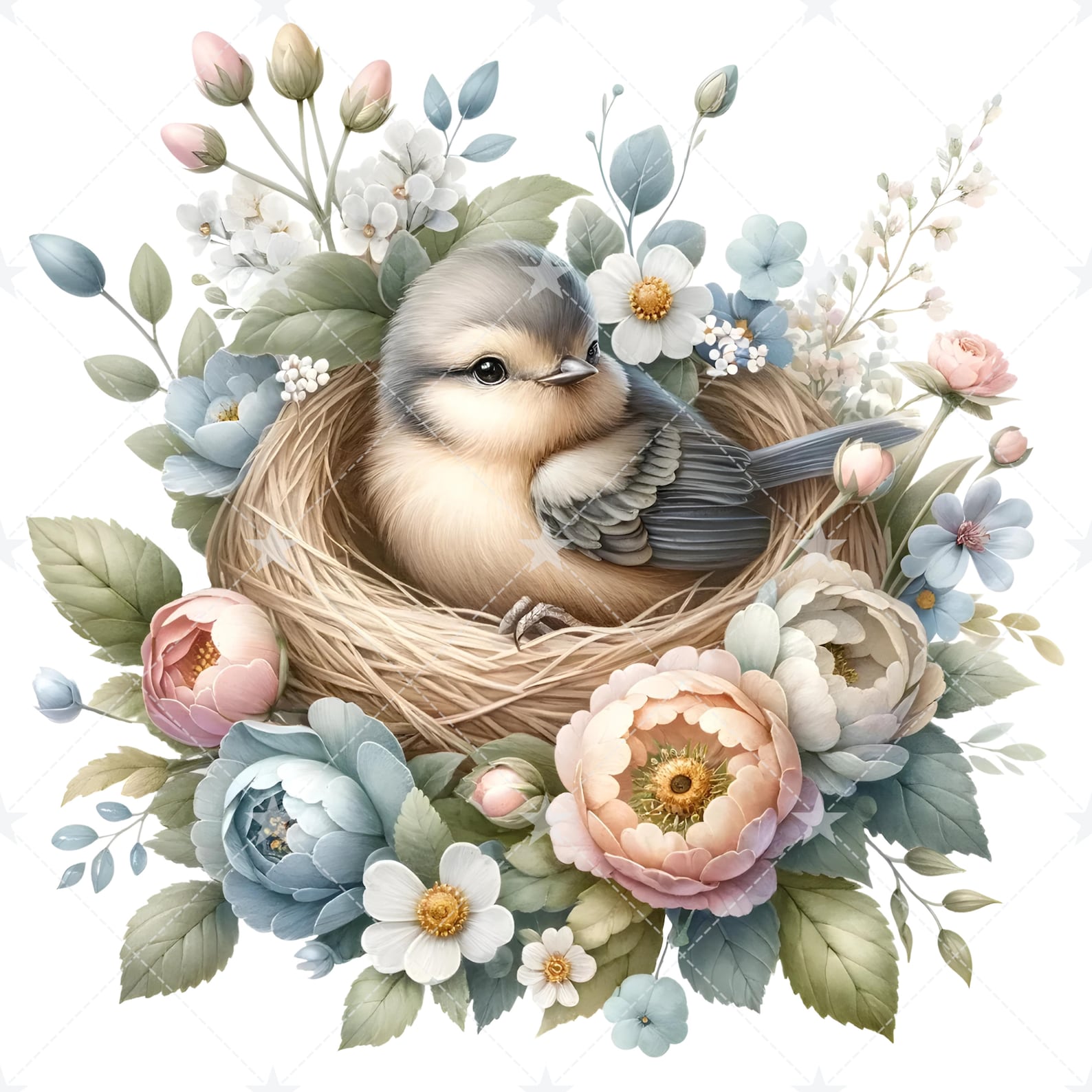 Charming Garden Bird in Floral Nest, Cute Bird Clipart, Watercolor Bird ...
