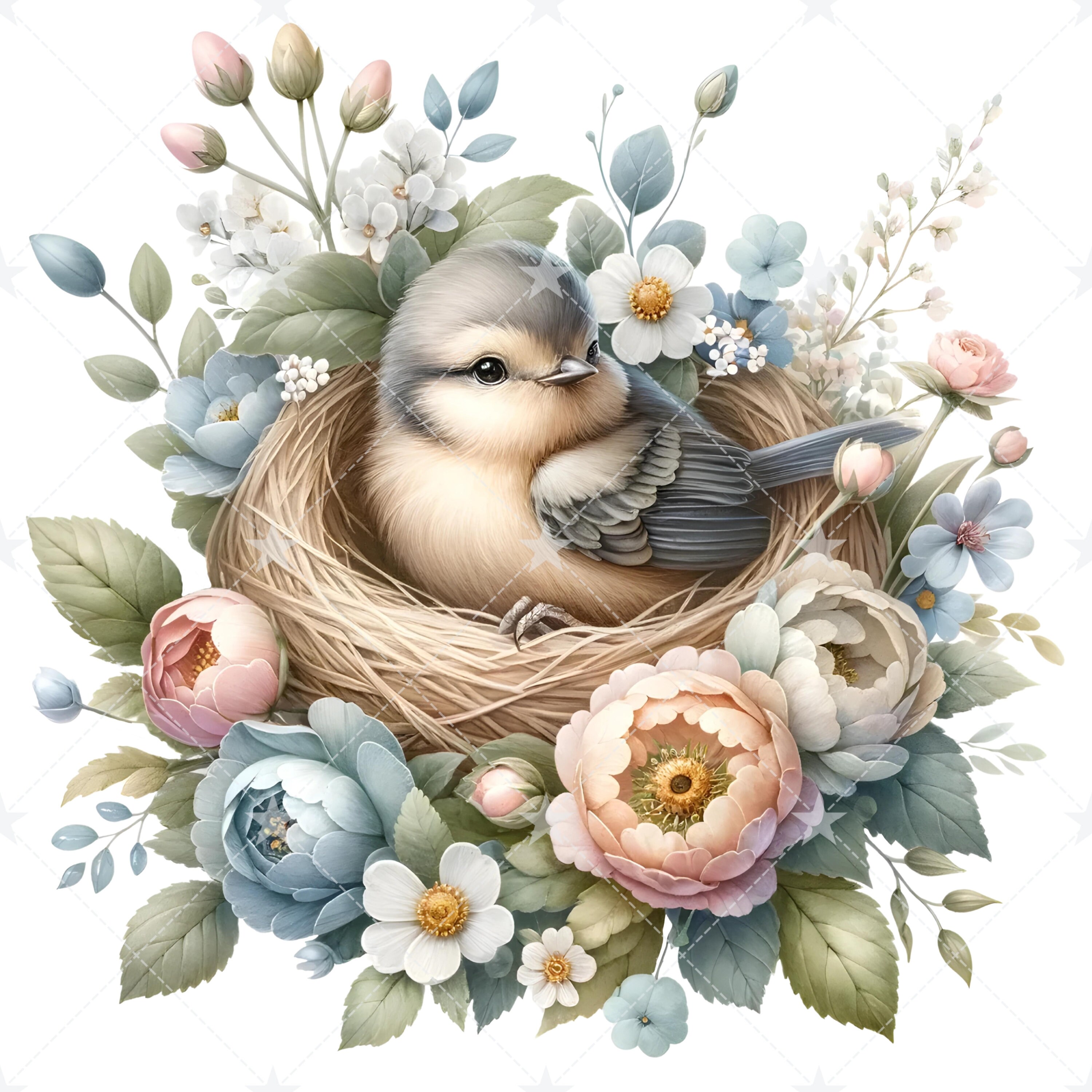Charming Garden Bird in Floral Nest, Cute Bird Clipart, Watercolor Bird ...