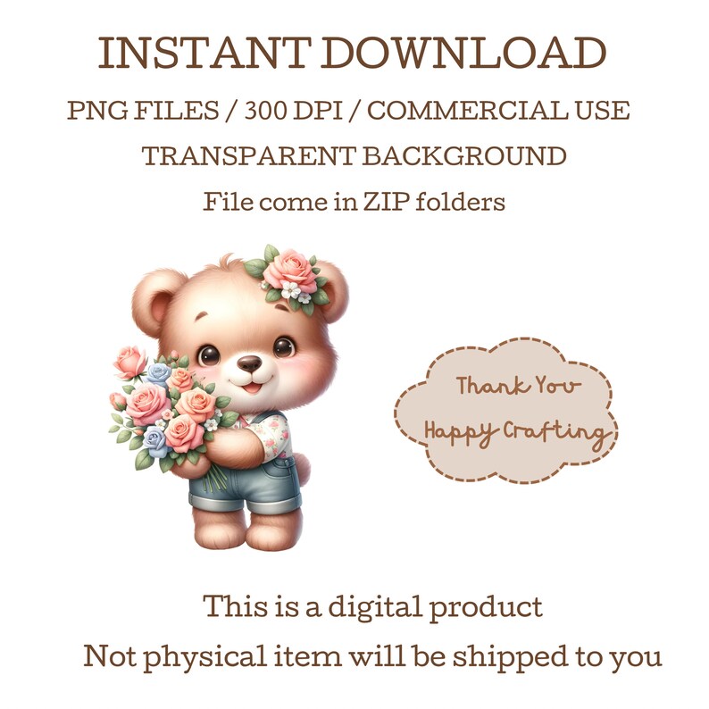 Watercolor Bear and Rose Flowers, Cute Bear Clipart, Floral Animal ...