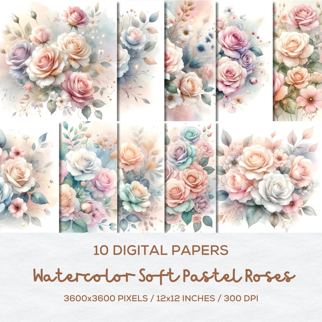 Watercolor Roses Digital Paper Pack, Soft Roses and Gold Glitter ...