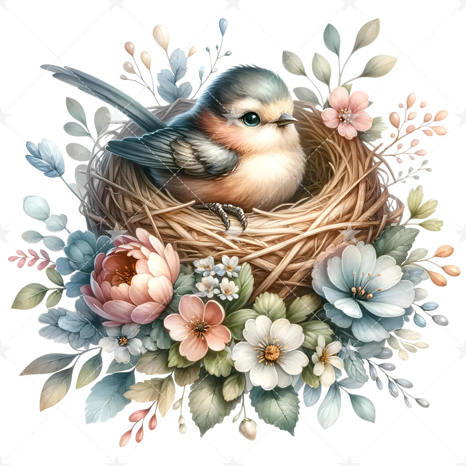 Charming Garden Bird in Floral Nest, Cute Bird Clipart, Watercolor Bird ...